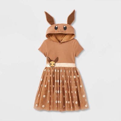 Pokemon Brandclub Girls Pokemon Eevee Cosplay Dress Brown XXL Hooded Tulle Detail Gold Foil Logo Comfort Fit