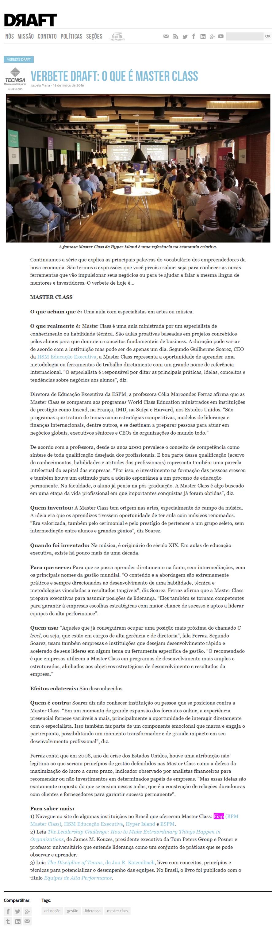 Projeto Draft ( VERBETE DRAFT: O QUE É MASTER CLASS – FIAP) - FIAP